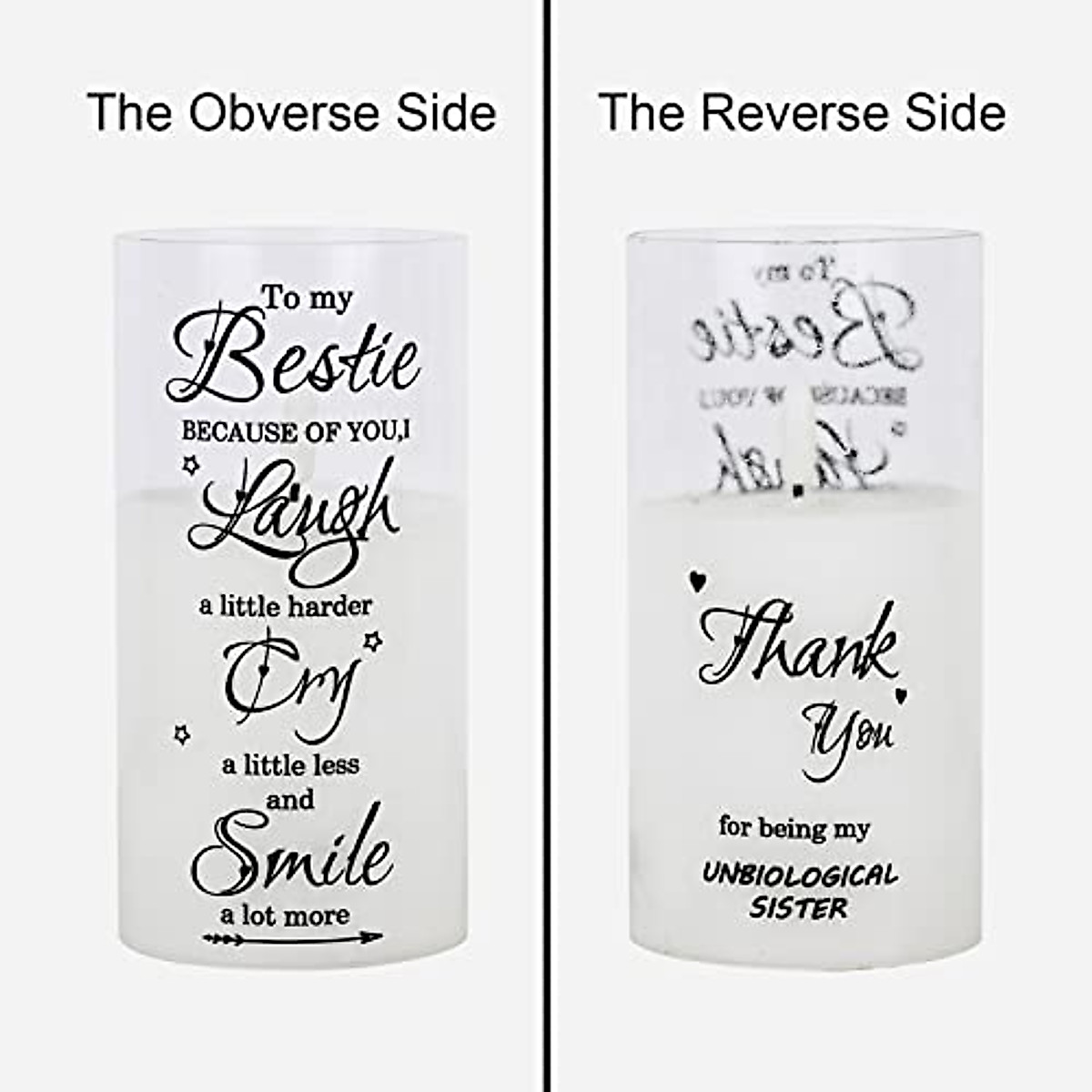 GenSwin Flameless Glass Candles Battery Operated to My Bestie Because of You I Laugh a Little Harder Thank You for Being My Unbiological Sisters Friendship Birthday Gift Bestie Friend Sister
