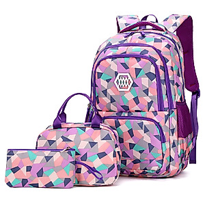 Kids' Backpacks Geometric Printed Children School Bag for Middle-Elementary School Book Bags for Girls-Boys Waterproof 3 in 1 Backpack Sets(Purple 35L)