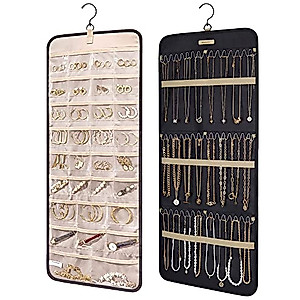 BAGSMART Hanging Jewelry Organizer Storage Roll with Hanger Metal Hooks Double-Sided Jewelry Holder for Earrings, Necklaces, Rings on Closet, Wall, Door, 1 piece, Large, Black