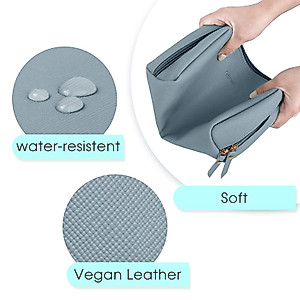 Large Vegan Leather Makeup Bag Zipper Pouch Travel Cosmetic Organizer for Women (Large, Greyish Blue)