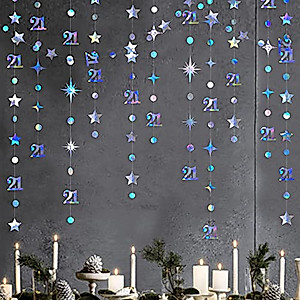 Iridescent Number 21 Circle Dot Twinkle Star Garland Metallic Holographic Hanging Streamer Bunting Banner Backdrop Decoration Girls 21st Birthday Finally Legal Twenty One Anniversary Party Supplies