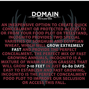 Domain Outdoor Incognito Deer Plot Seed, 1/4 Acre, Create Concealment to and from Stand or Plot, Designed to Grow Tall and Withstand Elements, Fast Growing