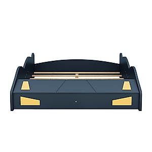 Acosure Full Size Race Car-Shaped Platform Bed with Wheels,Wooden Car Bedframe W/Storage Space,No Box Spring Required,for Boys Toddlers Kids Child's Bedroom,Dark Blue+Yellow