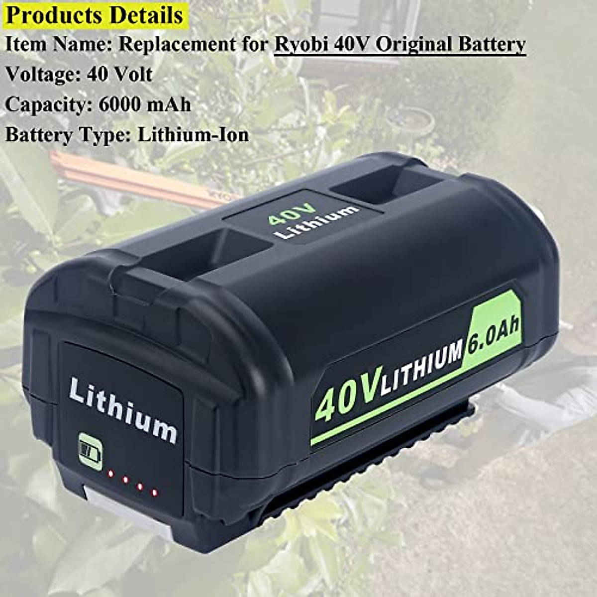 Lasica Replacement for Ryobi 40V 6.0Ah Battery, Compatible with Ryobi 40-Volt Collection Cordless Power Tools RY405010 RY40890VNM OP4040 OP4050A OP40601 OP40201 OP4026 OP4030 OP4060 Lithium Battery