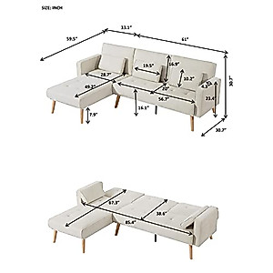 Antetek Convertible Linen Futon Sofa Bed, L-Shaped Sectional Sofa Couch with Left Chaise, Adjustable Backrest & 3 Toss Pillows, Mid-Century Modern Modular Sofa, Living Room Furniture Set (Beige)