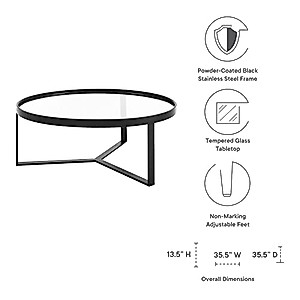 Modway Coffee Table Relay Glass and Metal Round in Black