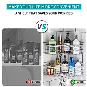 Yazoni Corner Shower Caddy, Adhesive Shower Shelves No Drilling [2-Pack], Rustproof Stainless Steel Bathroom Shower Organizer with 8 Hooks, Shower Shelf for Inside Shower (Silver)