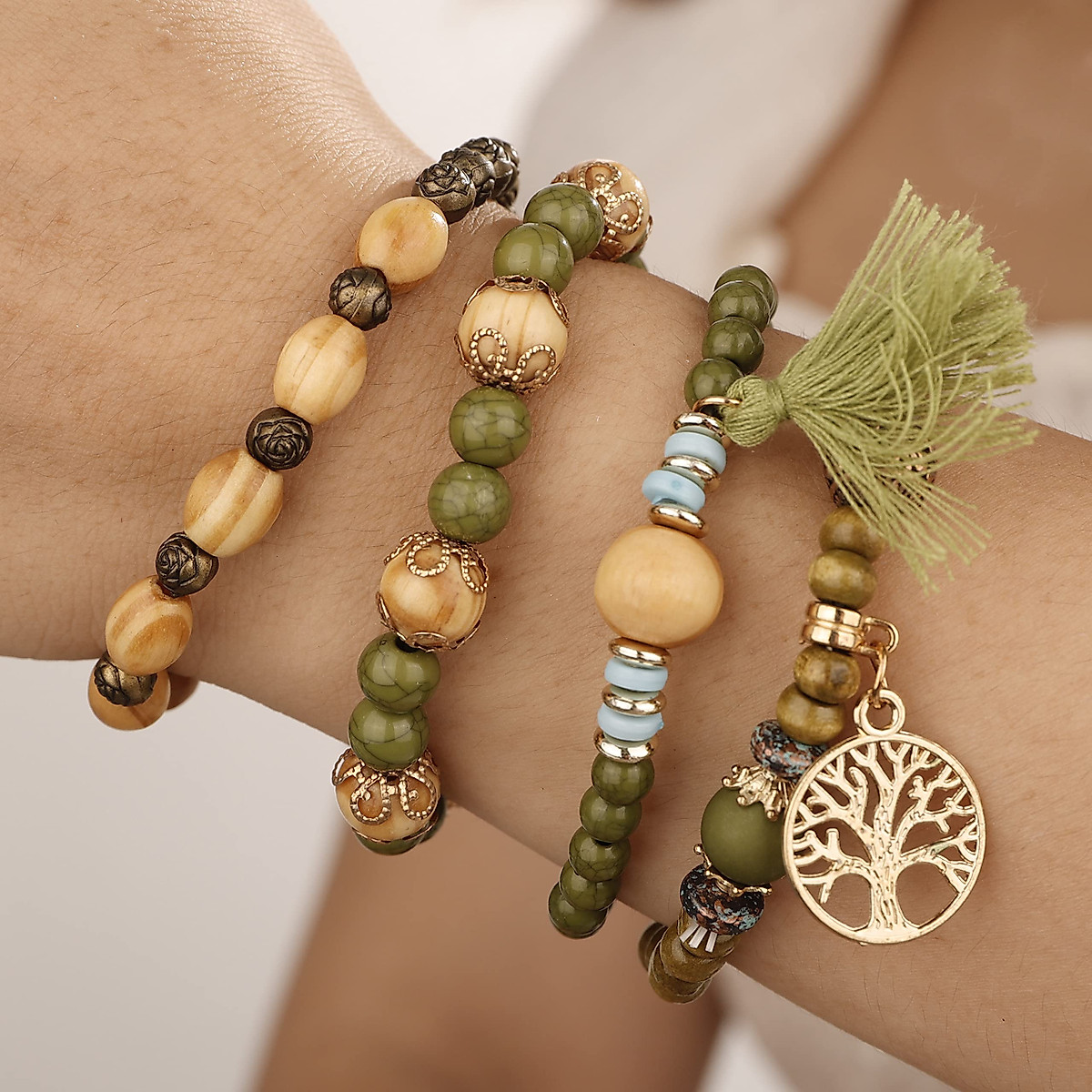 YERTTER 4pcs Bohemian Layered Beaded Tree of Life Pendant Tassel Stretch Stackable Strand Bracelet Beads bracelet Statement Gift for Women Girls（Dark Green）