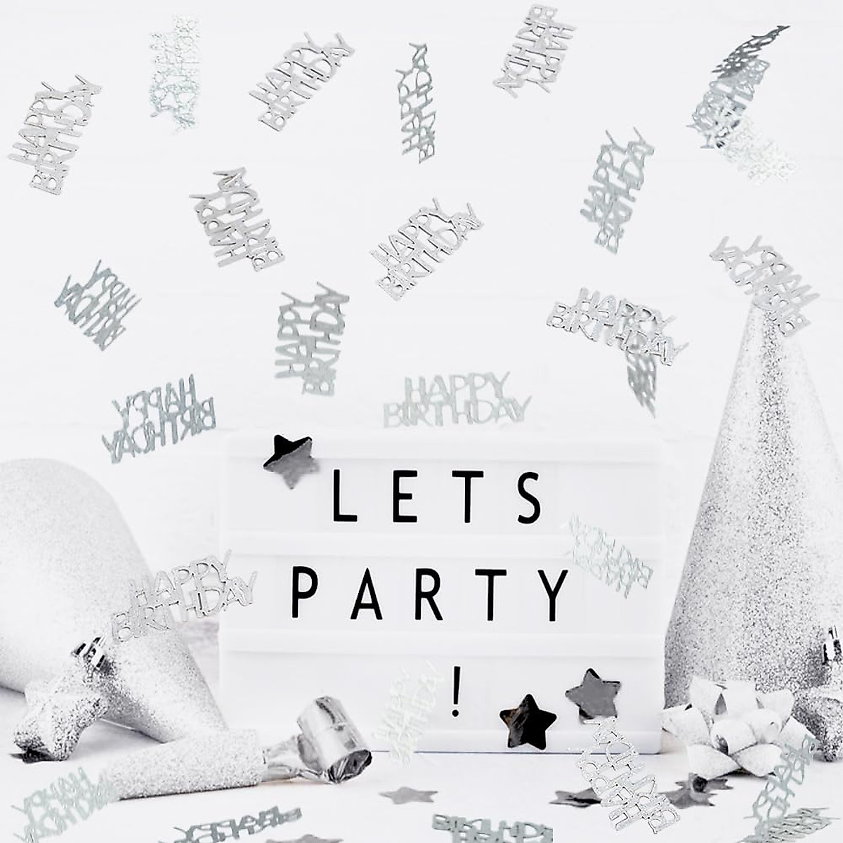 Glitter Silver Happy Birthday Confetti, Birthday Party Table Decorations, Happy Birthday Paper Confetti, Sprinkling Table Scatter for Women Men Boys Girls Birthday Party