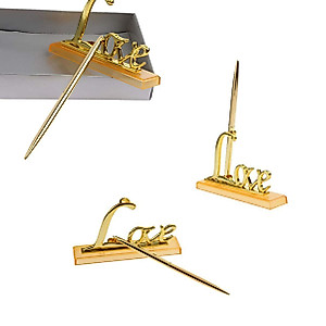 Tinksky Wedding Signing Pen with Gold Plated Metal Love Holder Party Pen Set Wedding Bridal Engagement Valentine's Day Favors (Gold)