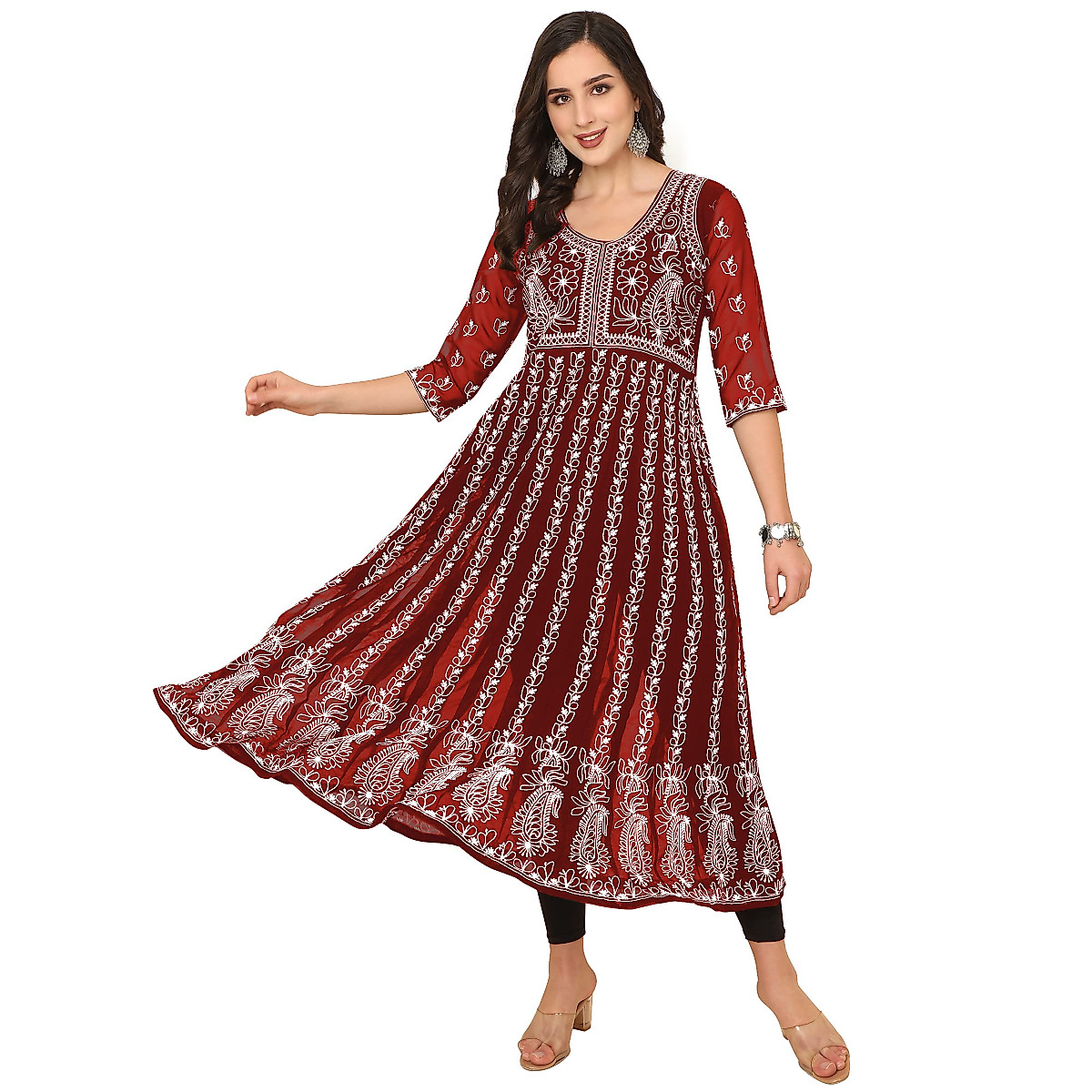 EthnicJunction Women's Georgette Chikankari Embroidery Anarkali Kurta (X Large) (Rust Orange)
