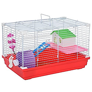 PawHut 18.5" Hamster Cage with Exercise Wheel and Water Bottle, Dish, Rat House and Habitat 2-Story Design, Red