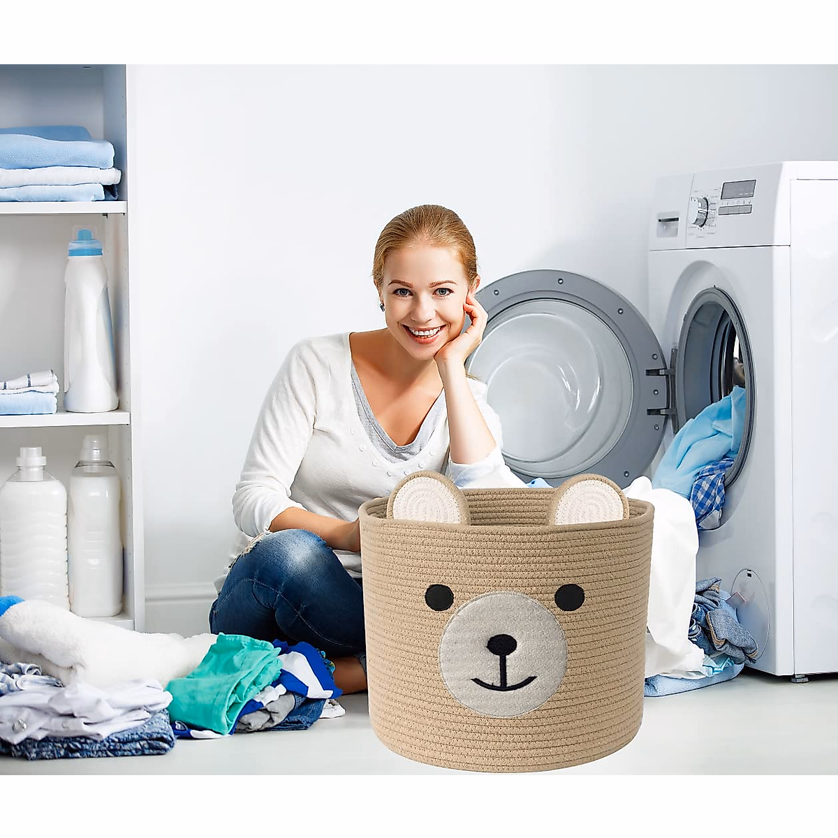 Bear Laundry Baskets Laundry Hamper Storage Basket with Handles,Decorative Basket for Living room,Woven Storage Basket for Toys Bin Pillows Blankets Clothes (Khaki - Version 2)