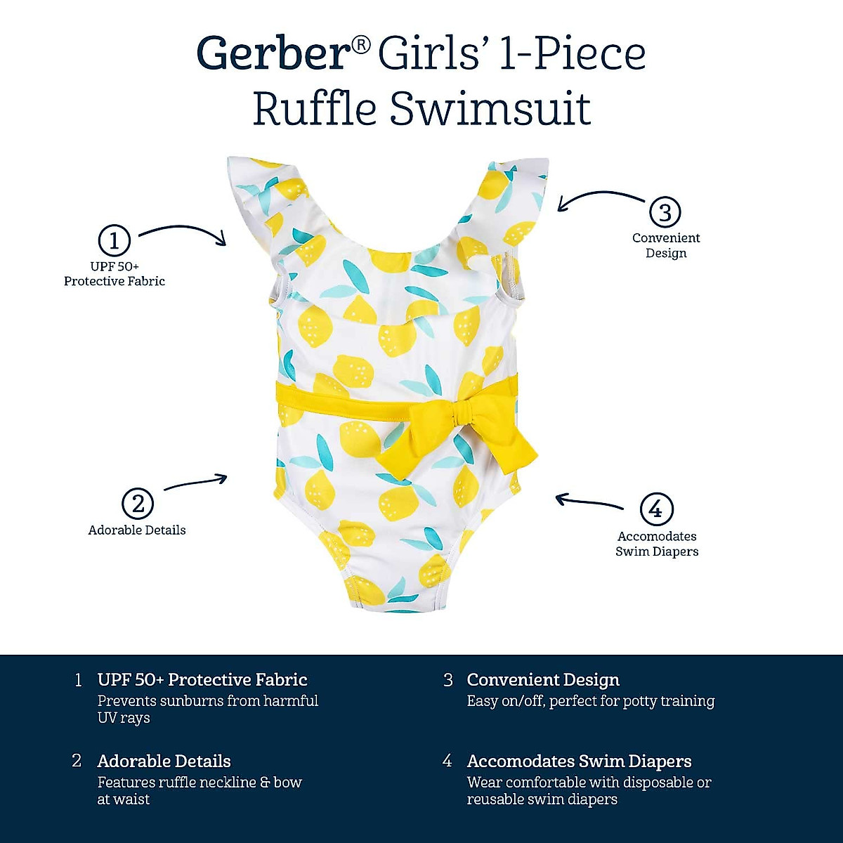 Gerber Girls' One-Piece Swimsuit, White Yellow Lemons, 12 Months