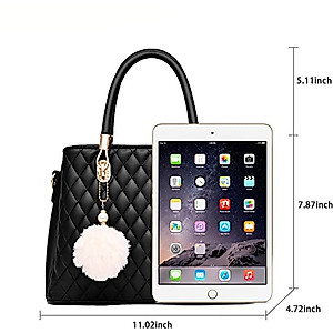 Womens Leather Handbag Purses Top Handle Quilted Shoulder Bag Totes Satchel for Ladies with Pompon