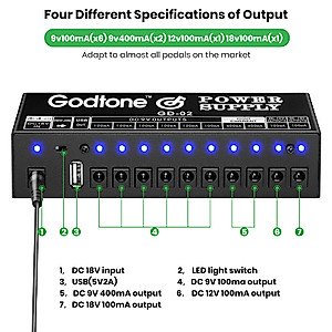 Guitar Pedal Power Supply 10 Way DC Outputs for 9V 12V 18V Effect Pedal with USB(5V2A) Port GD-02