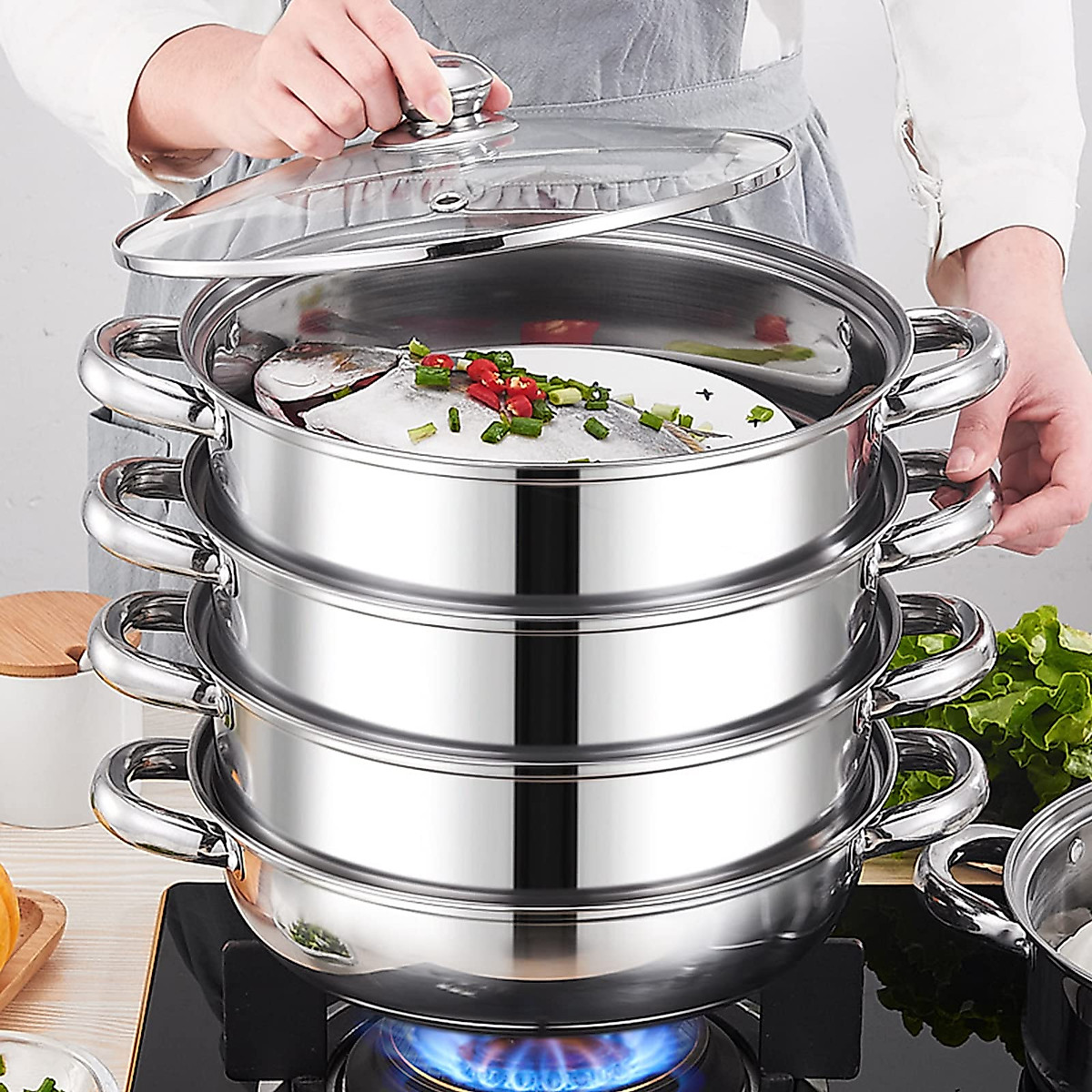 4 Piece Stainless Steel Steamer Pot Set with Glass Lid and handle,for Steamer Cooking,Casserole,Saucepan (4 layer)