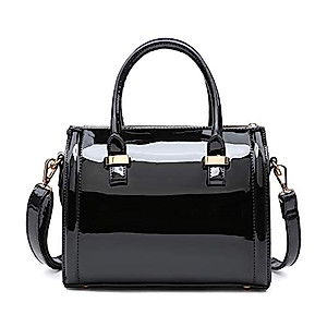 Shiny Patent Faux Leather Handbags Barrel Top Handle Purse Satchel Bag Shoulder Bag for Women(Black)