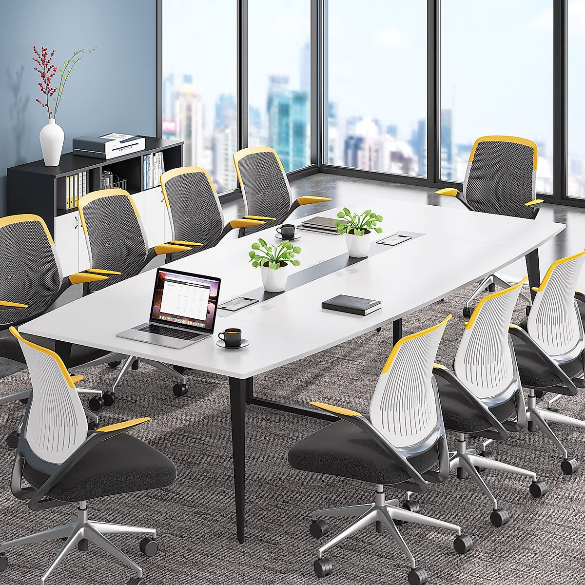 Tribesigns 8FT Conference Table, 94.48L x 47.21W x 29.52H Inches Boat Shaped Meeting Table with Rectangle Grommet, Modern Seminar Table for Office Meeting Conference Room (White & Black, 8ft)