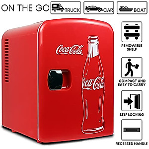 Coca-Cola Classic Coke Bottle 4L Mini Fridge w/ 12V DC and 110V AC Cords, 6 Can Portable Cooler, Personal Travel Refrigerator for Snacks Lunch Drinks Cosmetics, Desk Home Office Dorm, Red