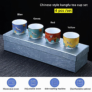 Jianzhan Tenmoku Tea Cups Set of 4, Chinese Ceramic Tea Set, Colorful Kiln Transmutation Kungfu Tea Cups Tiger Head Pattern Teacups - 6 oz