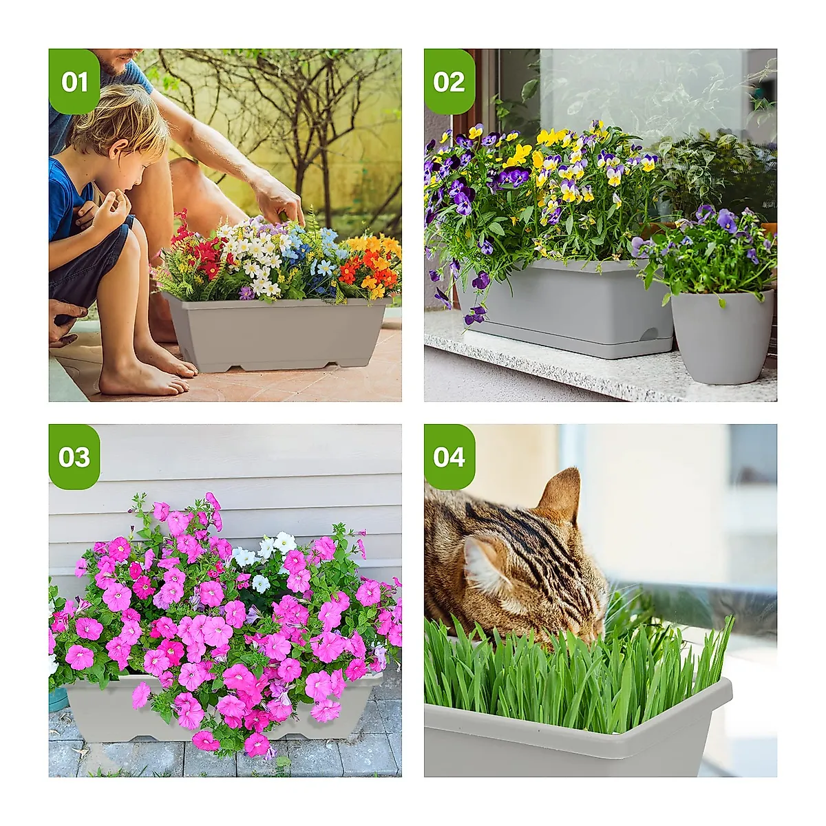 Whonline 8 Pack Window Planter Box, 17 Inches Plastic Window Boxes Rectangular Flower Vegetable Planters with Drainage Holes and Saucers for Indoor Plants Outdoor Garden Patio (Light Gray)