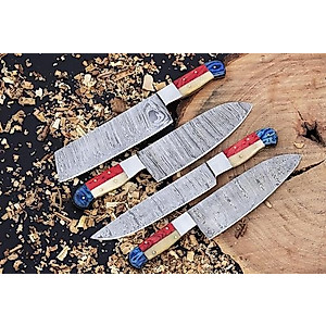 Vintage Blacksmith/Handmade Damascus Hunting Knife - fixed Blade Hunting Knife with Sheath Handmade Damascus Chef Knives Set of 4 pcs
