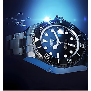 LOREO Luxury Automatic Watch for Men Sapphire Crystals Black Rotating Bezel Luminous Markers and Hands Date 316L Stainless Steel Case and Bnad Waterproof Watch