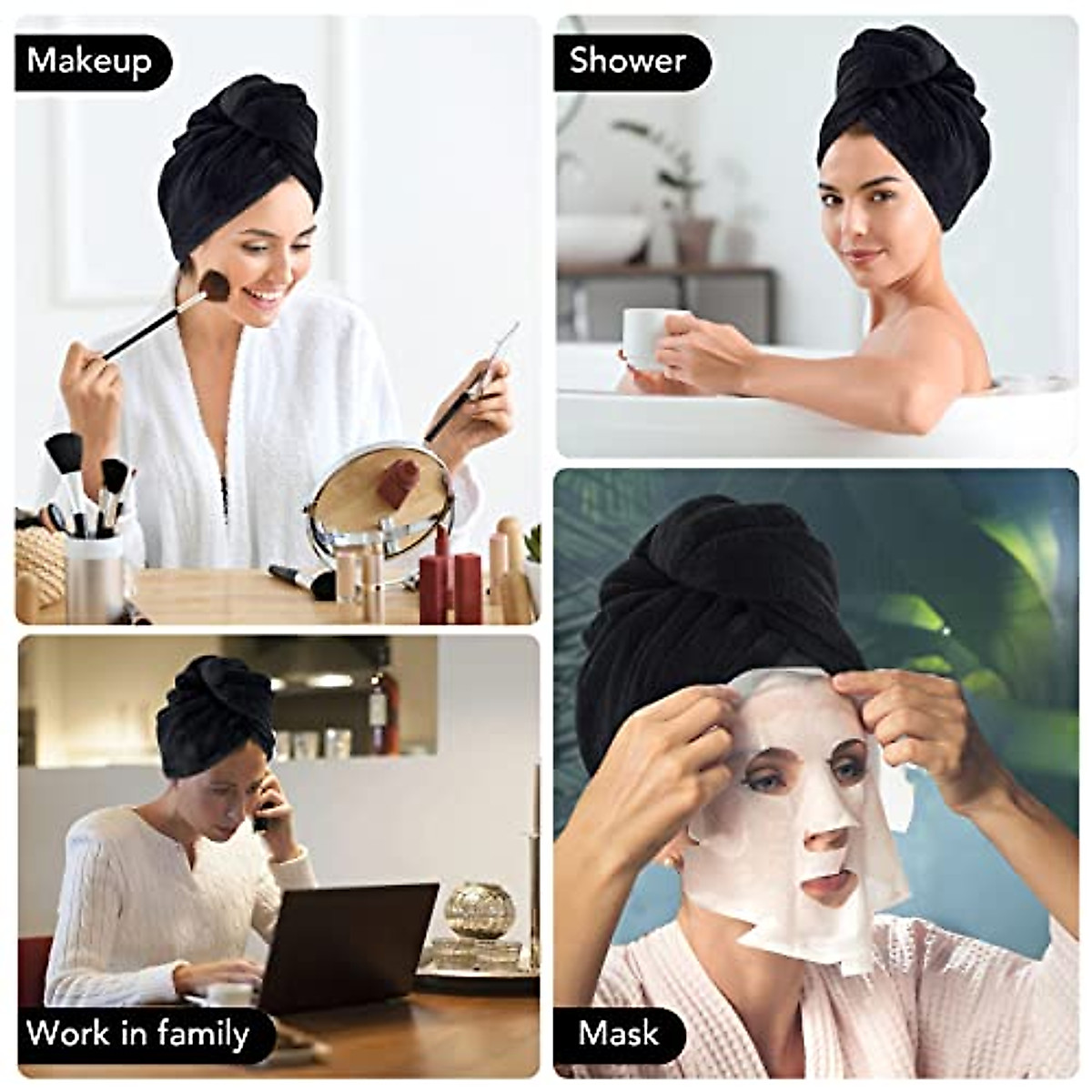 SINLAND Microfiber Hair Drying Cap Hair Towel Turban Twist for Long Hair Fast Drying Towels Head Turban Absorbent Soft Lightweight 3 Pack Black