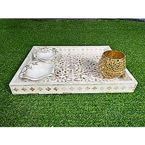 Beautifully Handcrafted Antique Mother of Pearl Serving Tray | White Colour Home Decor Tray | Decorative Food Platter | Handcrafted Ottoman Tray | Breakfast in Bed Tray - Fairdeal Handicrafts