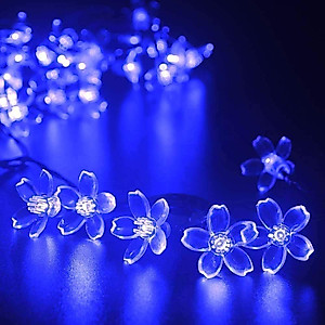 WONFAST Solar Flower Lights, Waterproof 23ft/7M 50LED Peach Blossom Flower Solar Fairy Decorative String Lights for Outdoor Garden Home Wedding Christmas Party Lighting Decorations (Blue Flower)