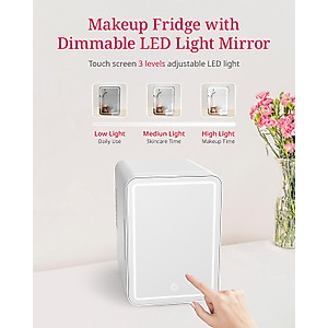 Oterbear 4L Mini Skincare Fridge, Makeup Fridge with Dimmable LED Light Mirror, Cooler and Warmer, Cosmetic Refrigerator for Bedroom, Office, Dorm and Car, White