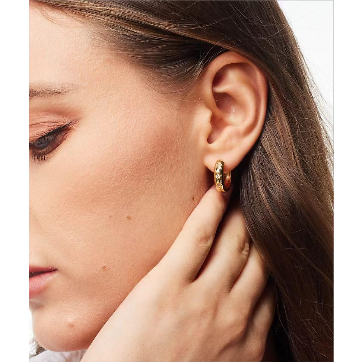 HUARJO 14K Gold Plated Sterling Silver Post Small Chunky Gold Hoop Earrings,Diamond Studded Huggie Earrings for Women 8mm 10mm 12mm (12mm, Gold)