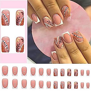 24 Pcs Press On Nails, Gel Nail Kit, Women's French Shrub Leaves False Nails, Full Cover False Nails Easy Home DIY Manicure with Square Nails Glue, Prep Pad, Mini Nail File, Nail Remover Stick