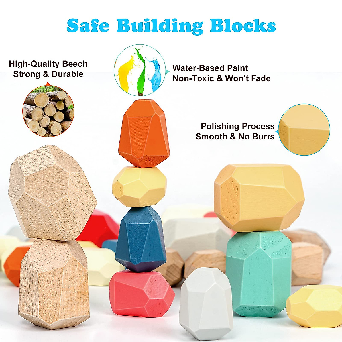 36PCS Wooden Sorting Stacking Rocks Building Blocks for 3 4 5 6 Years Old Kids, Balancing Stones Game Educational Preschool Learning Montessori Toys Toddler Fine Motor Skill Sensory Toy, Boy Girl Gift