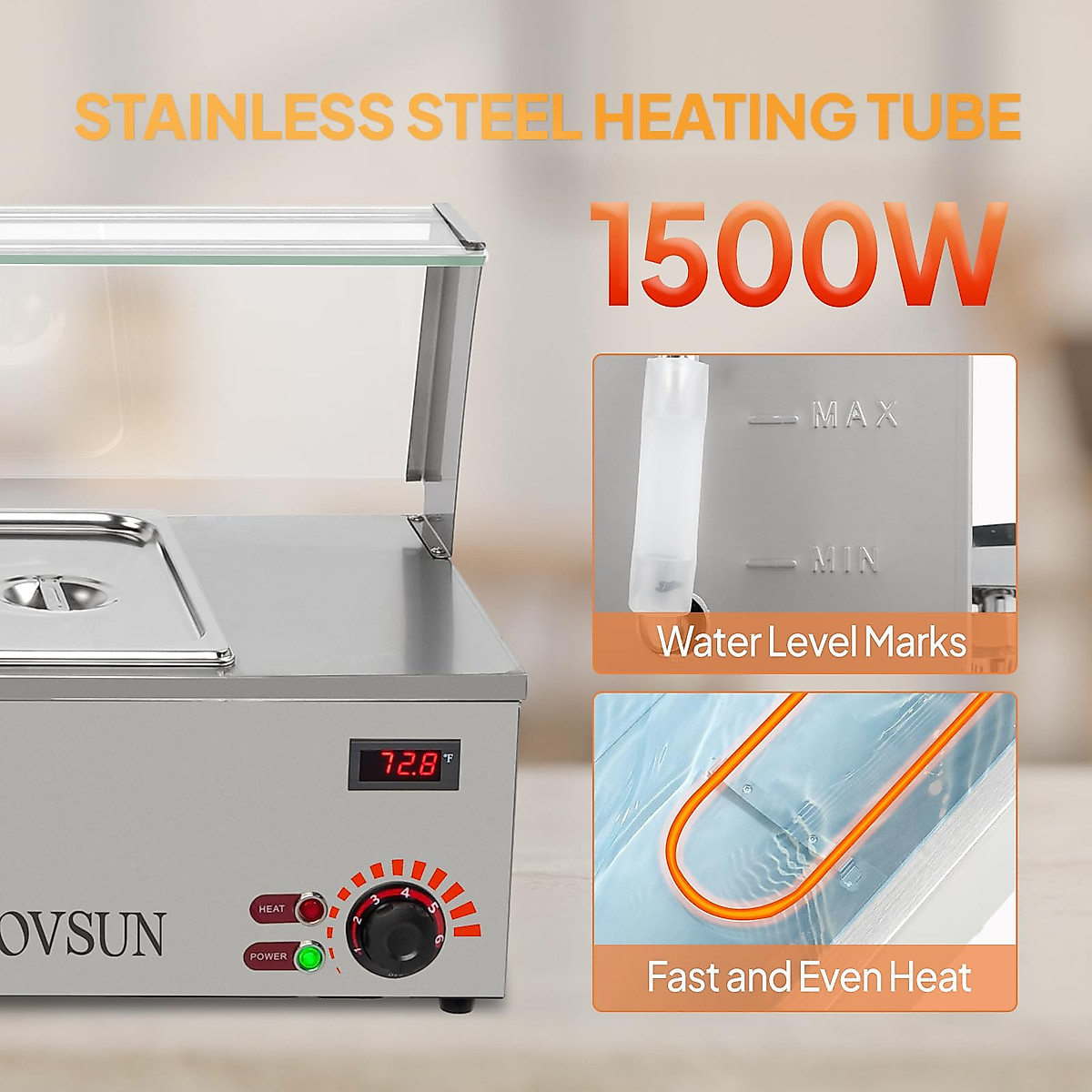 ROVSUN 48QT 1500W Electric Commercial Food Warmer, 6-Pan Steam Table 8QT/Pan Stainless Steel Bain Marie Countertop w/Acrylic Shield Temperature Control & Lid for Buffet Restaurant 110V