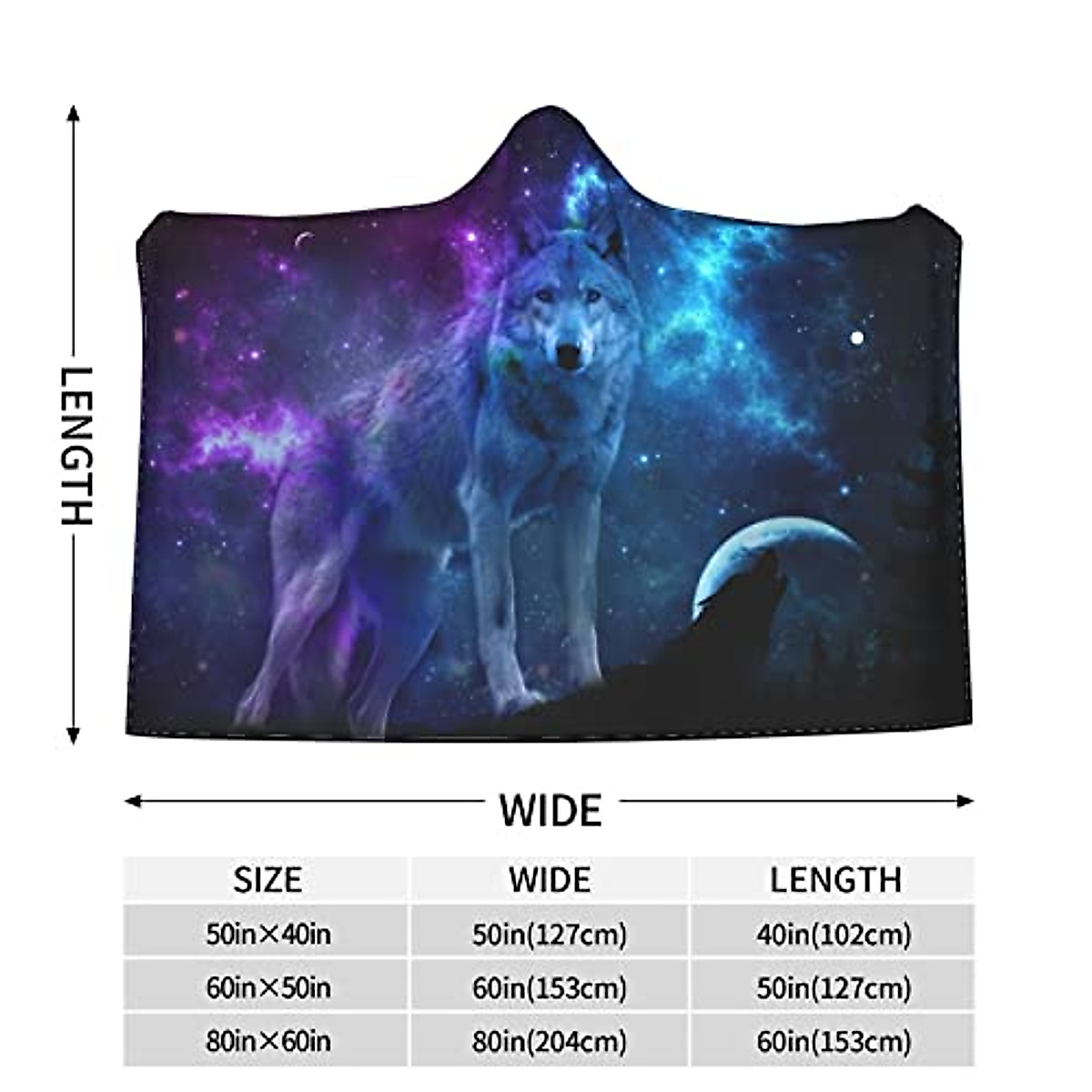 Galaxy Wolf Hooded Blanket Anti-Pilling Flannel Wearable Blanket Hoodie-Plush Warm Blanket Throw Blankets Fit for Kids, Adults, Teens