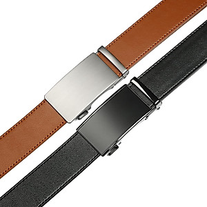 2 Pack Ratchet Belt 1 3/8", Leather Dress Belt with Click Sliding Buckle in Gift Set Box, Mens Adjustable Belt Trim to Fit (Black/Brown leather belt, 28"-42" Waist Adjustable)