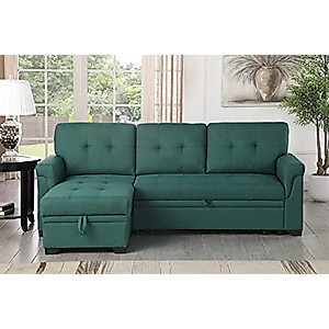 Lilola Home Linen Reversible Sleeper Sectional Sofa with Storage Chaise, Green