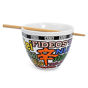 Bowl Bop Noodle Collage Japanese Ceramic Dinnerware Set | Includes 16-Ounce Ramen Noodle Bowl and Wooden Chopsticks | Asian Food Dish Set For Home & Kitchen | Kawaii Anime Gifts and Collectibles