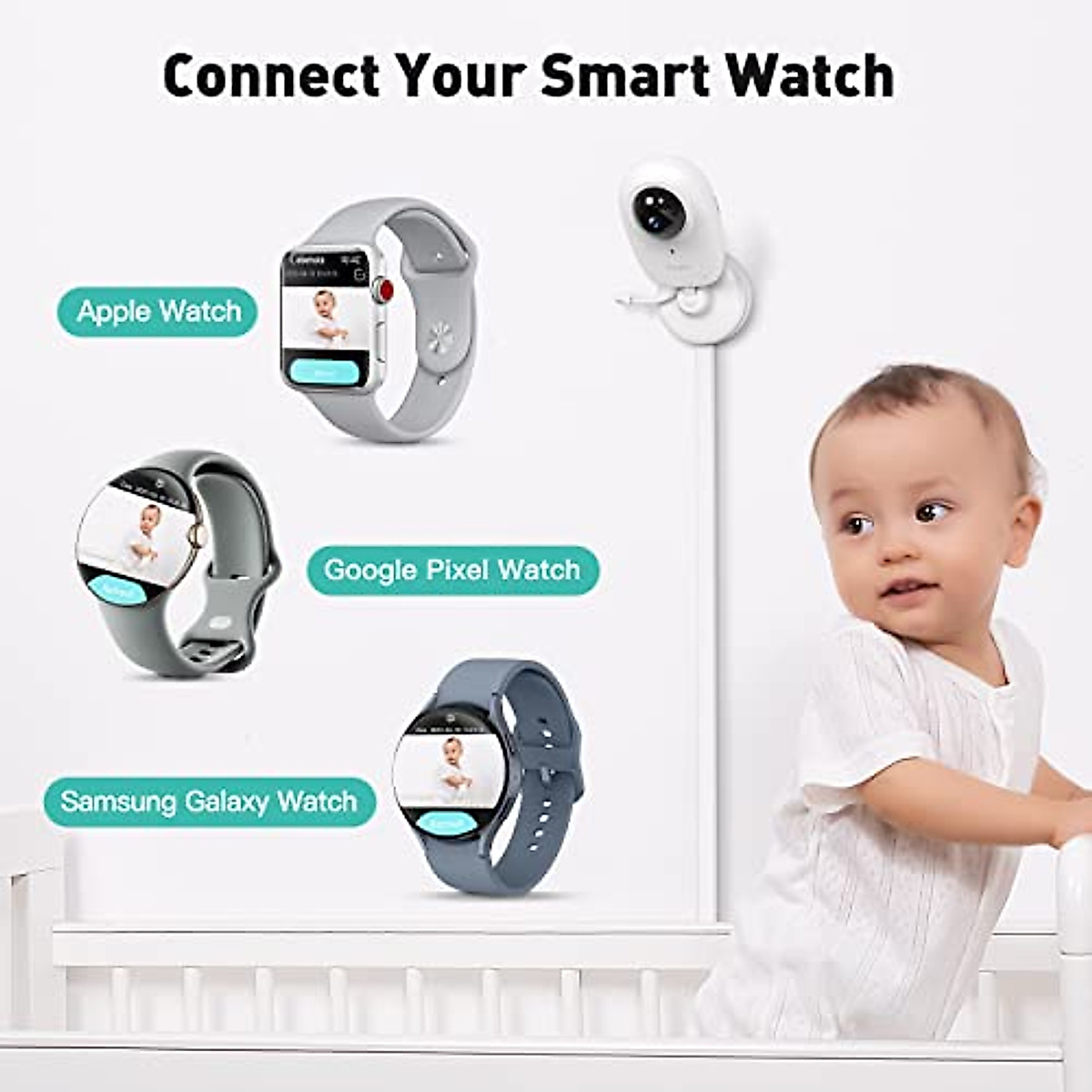 Simyke Smart Video Baby Monitor WiFi Smart Phone 1080P Camera,AI Detection,Cry Monitor and Lullabies,HD Night Vision,Two-Way Audio,Cloud & SD Card Storage,Connect Smart Watch App Control