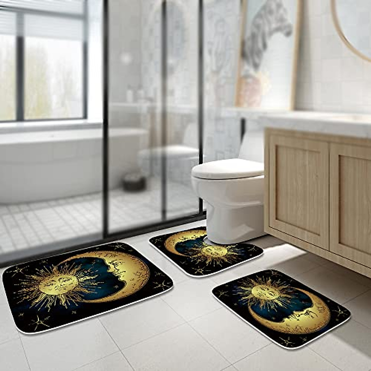 Sun and Moon Bathroom Rugs and Boho Chic Art Stars Over Blue Black Sky Mats Sets 3 Piece, Velvet Memory Foam Antique Style Bath Mat, Large Small and U-Shaped Contour Shower Mat Non-Slip Washable