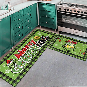 DIFKLMOX Merry Christmas Kitchen Rugs Kitchen Mat Set of 2, Christmas Red & Green Kitchen Decoration, Non Slip Absorbent Kitchen Mats for Floor Washable Runner Rug for Sink, Laundry Room