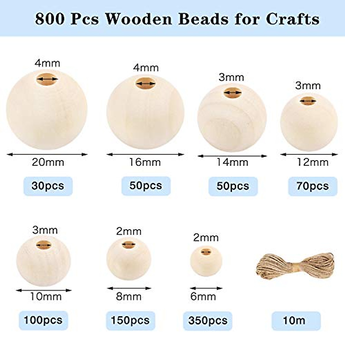UOONY 800pcs Wooden Beads for Crafts 7 Sizes Unfinished Natural Wood Beads Wooden Beads Bulk 6mm, 8mm, 10mm, 12mm, 14mm, 16mm, 20mm Beads for Garland Macrame Jewelry Making DIY Farmhouse Decor