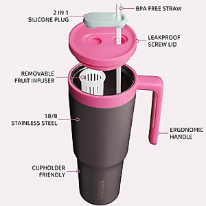 BJPKPK 40oz Tumbler With Handle And Fruit Infuser Insulated Tumblers With Lid And Straw Stainless Steel Travel Coffee Thermal Cup,Grey