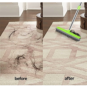 Carpet Hair Removal Broom with Squeegee, Rubber Floor Broom Carpet Rake, Adjustable Long Handle 49" Length for Pet Cat Dog Hair Carpet Hardwood Tile Windows Clean Water Resistant