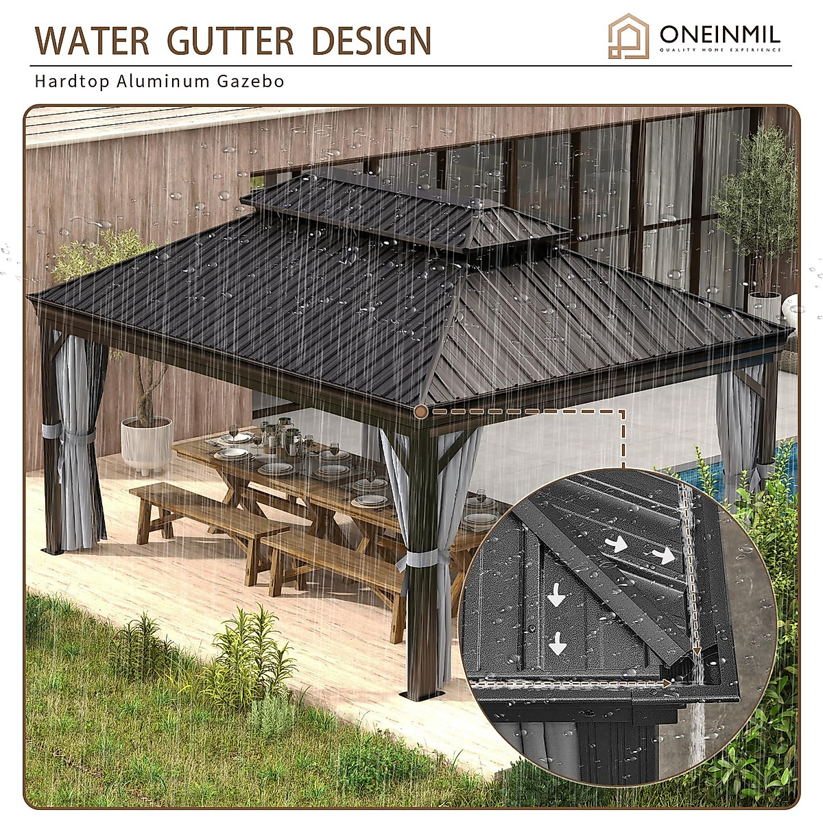 oneinmil 12x16FT Outdoor Gazebo, Heavy Duty Metal Double Roof Hardtop Gazebo with Aluminum Frame and Netting and Curtains for Patios