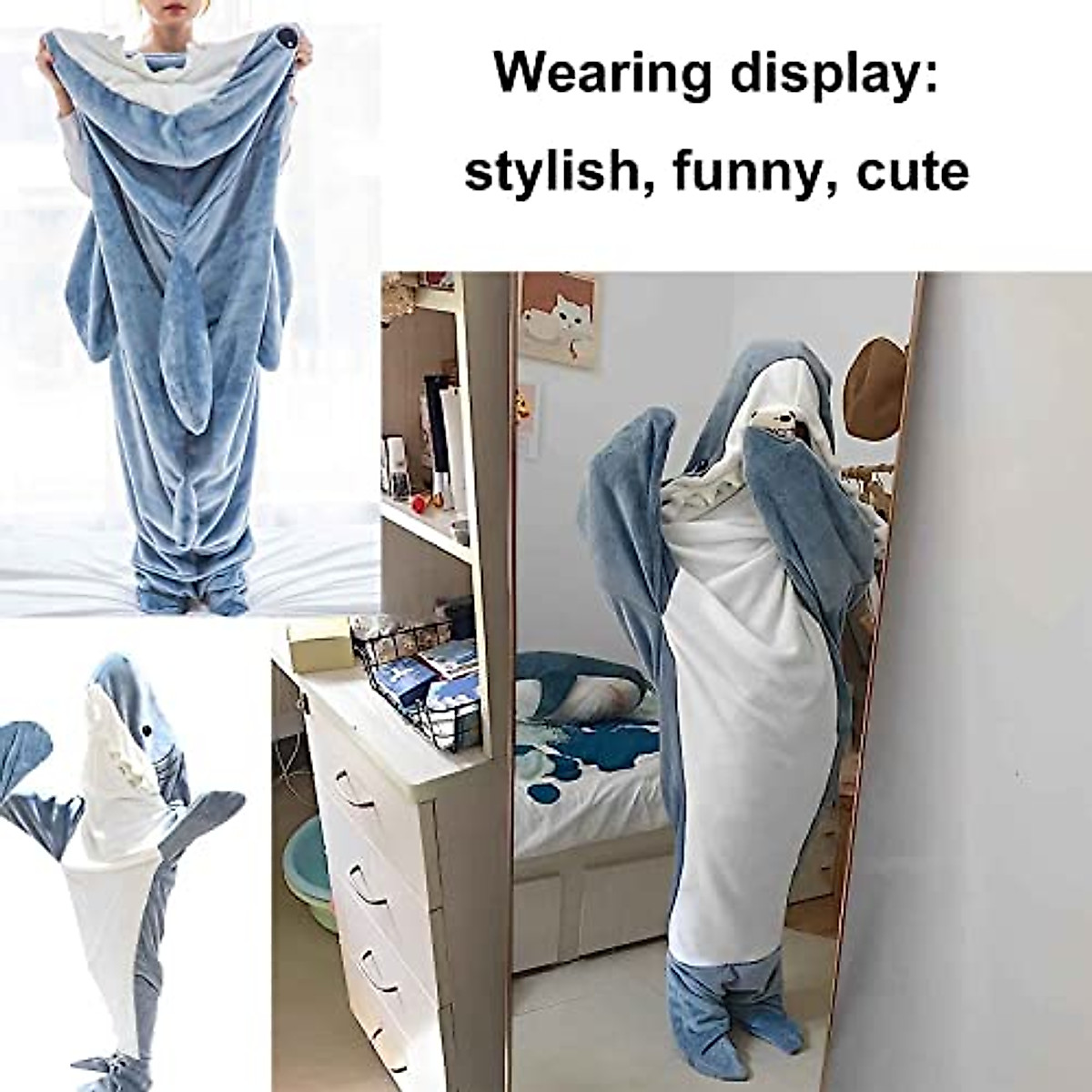 2023 New Shark Onesie Blanket Adult, Wearable Shark Blanket Hoodie for Adult, Shark Blanket Super Soft Cozy Flannel Hoodie Adult Shark Sleeping Bag (XL:210 * 90cm)