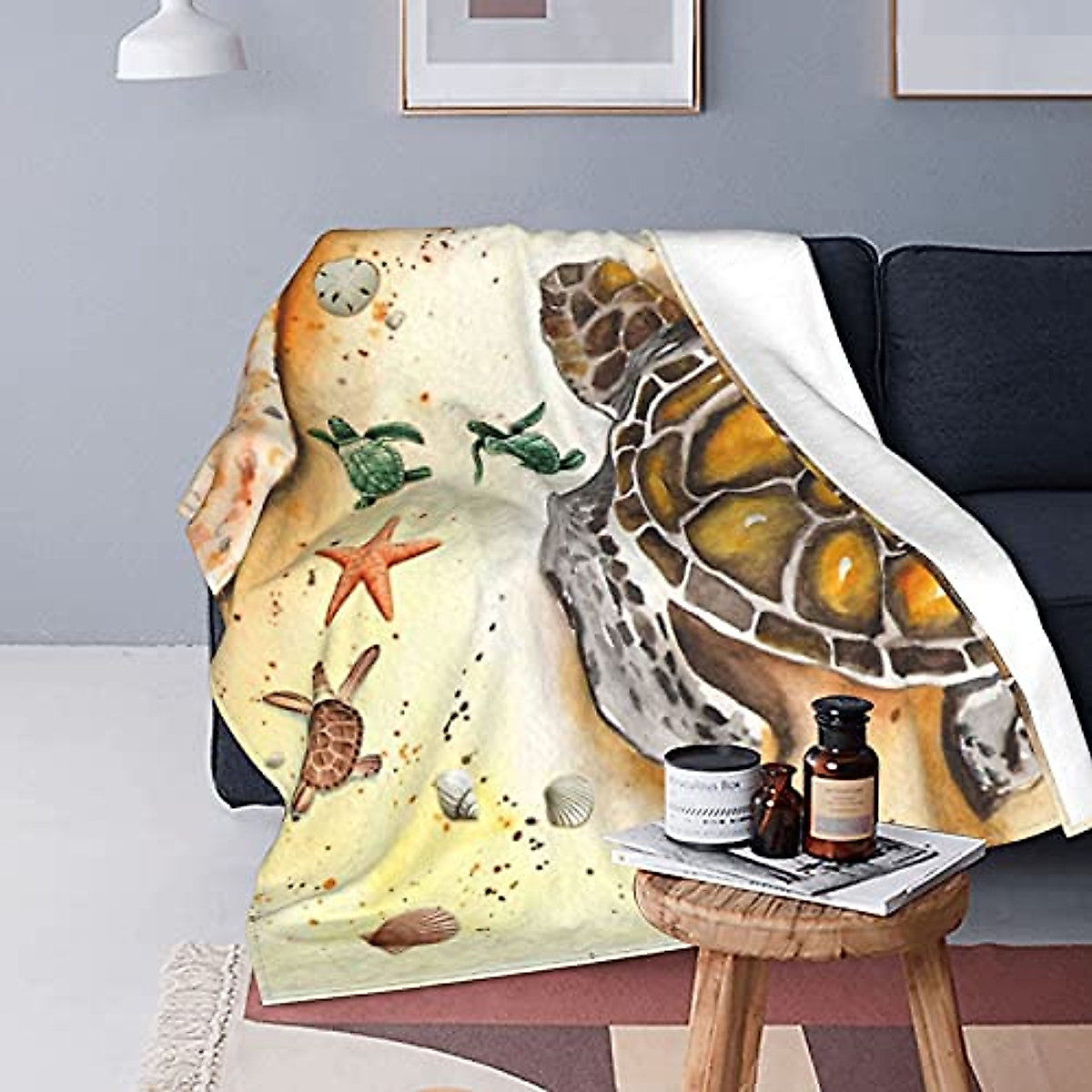 Beach Turtles Fleece Throw Blanket Soft Lightweight Warm Cozy Plush Blanket for Couch Bed Sofa 80"X60"