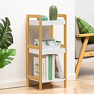 MoNiBloom 3 Tier Small Bookcase, Bamboo Standing Storage Bookshelf Kids Open Shelf Organizer Display Rack Table for Bathroom Bedroom Office Living Room, Natural/White